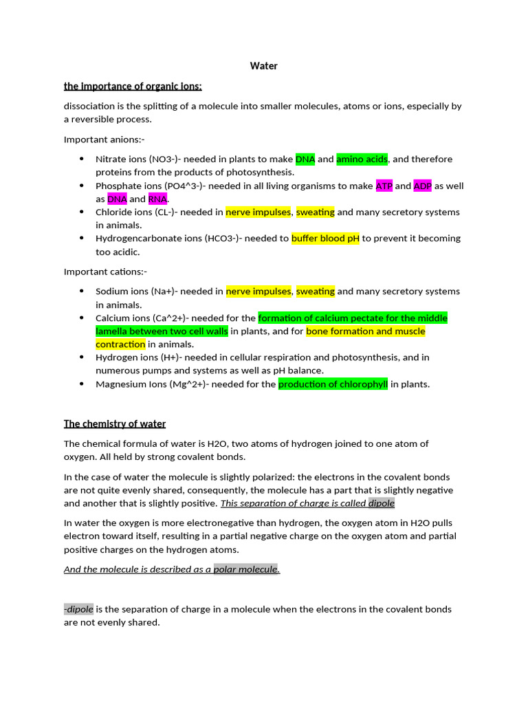 Water Notes | PDF | Chemical Bond | Properties Of Water