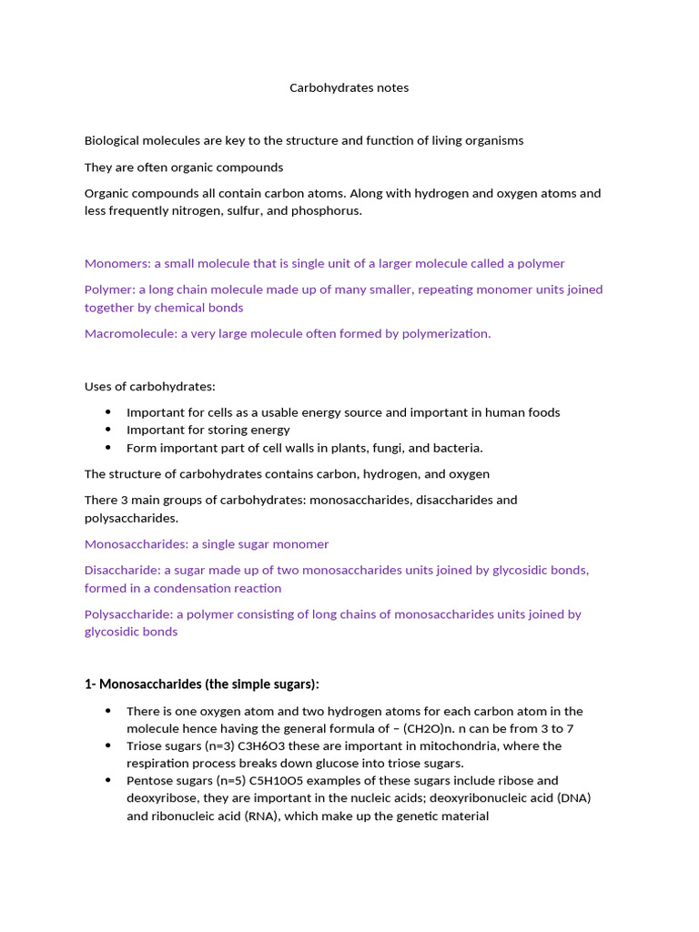 Carbohydrates 1+2 notes | PDF | Carbohydrates | Glucose