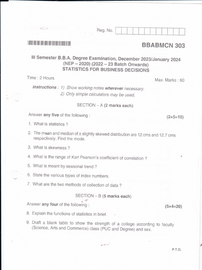 BBA III Semester Statistics For Business Decisions NEP Jan 2024 | PDF