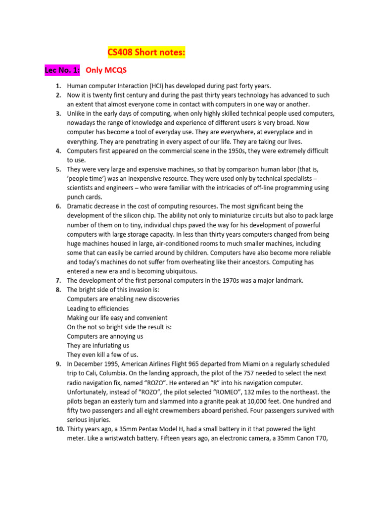 cs408 Mid Term Short Subjective Notes | PDF | Sound | Color