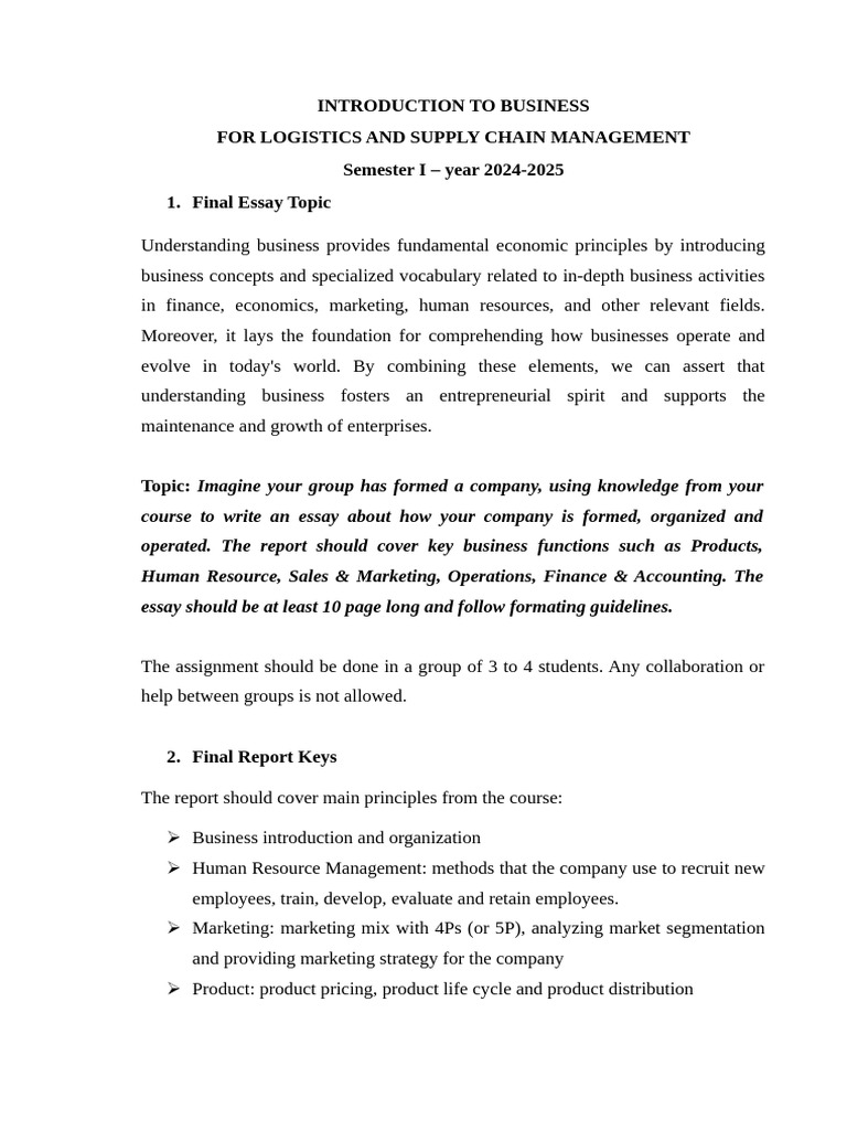 INTRODUCTION TO BUSINESS For Logistics and SCM - Final Assignment | PDF ...
