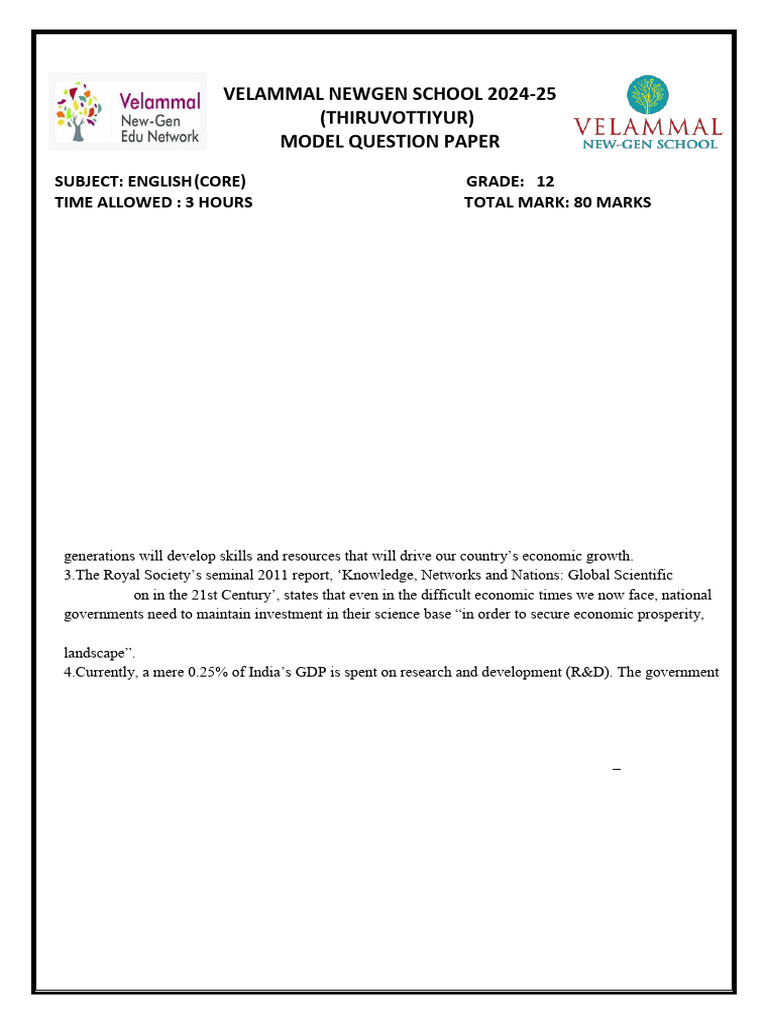 VNGS TVT-GR 12 Eng Model QP | PDF | Literacy | Gross Domestic Product