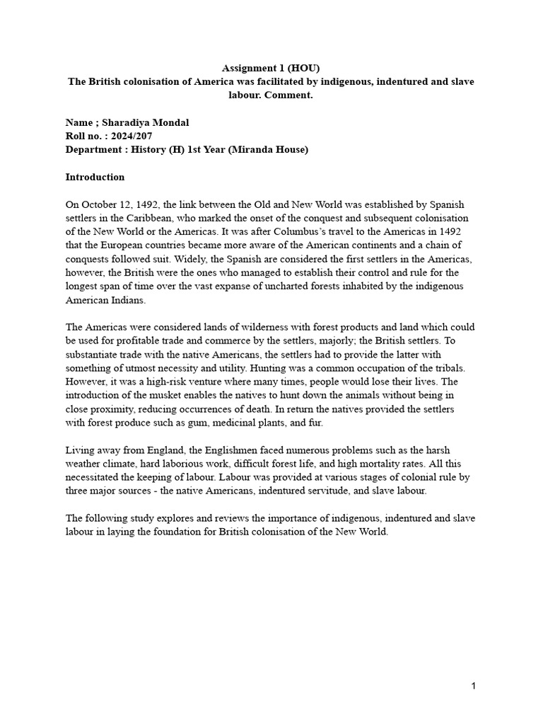 Assignment 1 (History of the USA) | PDF | Slavery | Colonialism