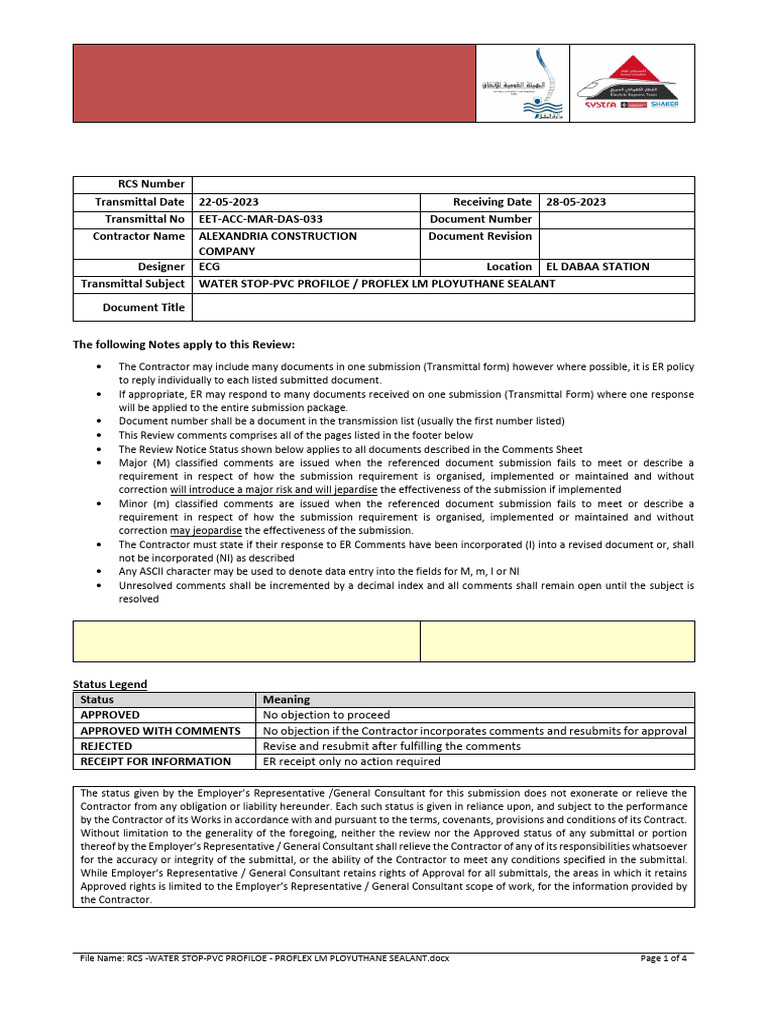 RCS -WATER STOP-PVC PROFILOE - PROFLEX LM PLOYUTHANE SEALANT (1) | PDF