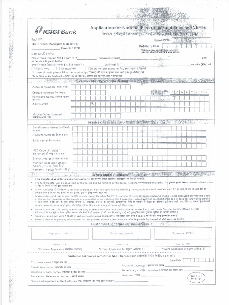 ICICI Bank Neft Form | PDF