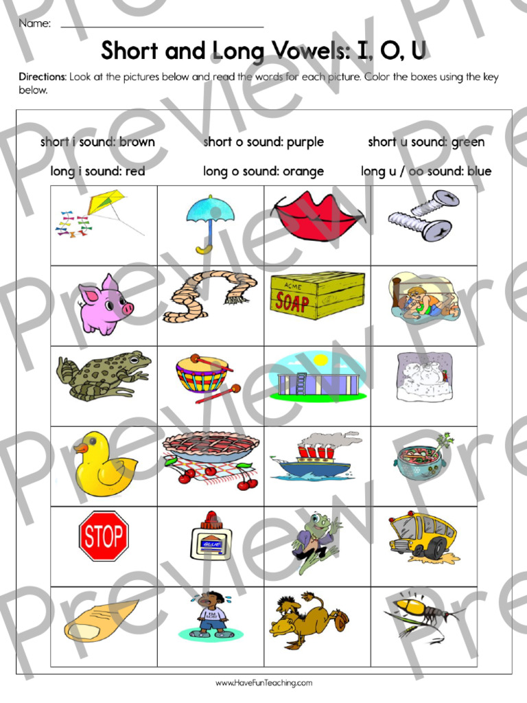 Short and Long Vowels I o U Worksheet Preview | PDF