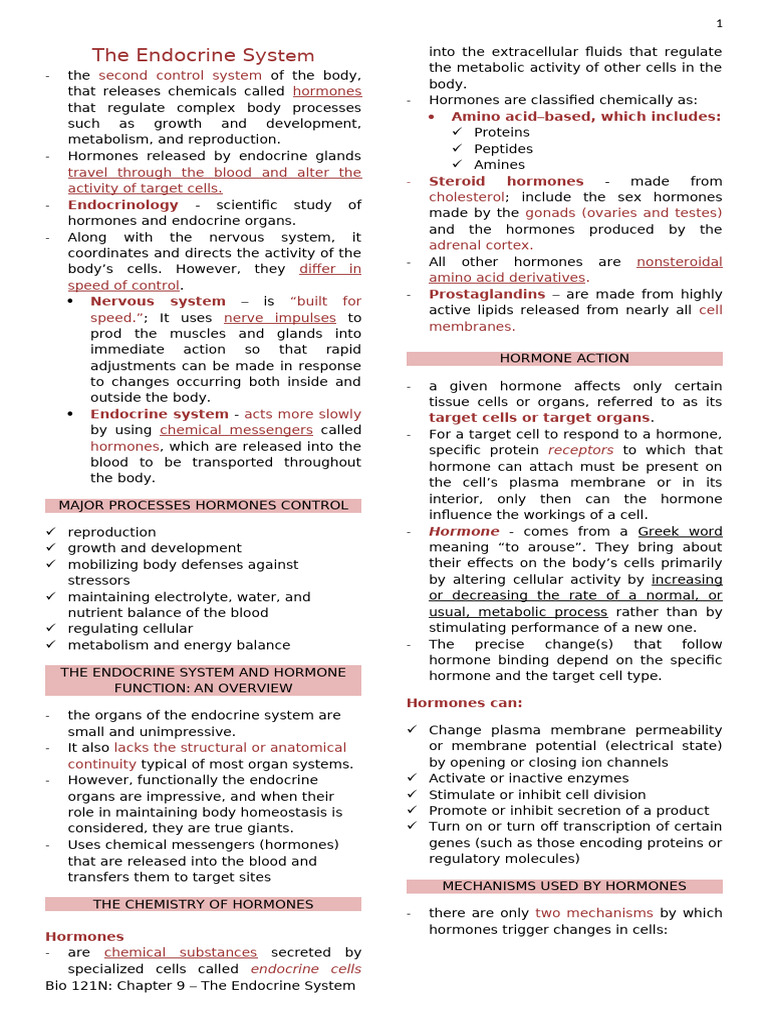 Anaphy Reviewer Chapter 9 - Endocrine System | PDF | Hormone | Endocrine System