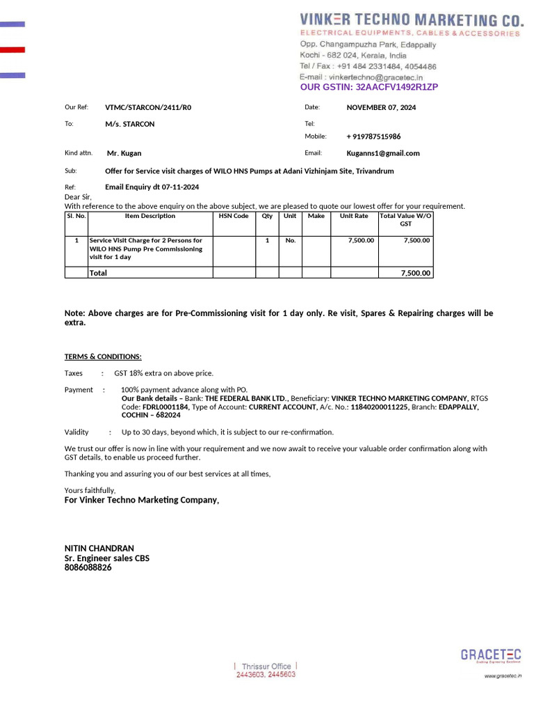 Service Visit Charge - HNS Pump Vizhinjam | PDF
