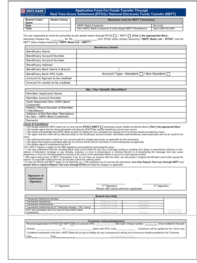 Blank HDFC NEFT - RTGS Format | PDF | Personal Finance | Banking