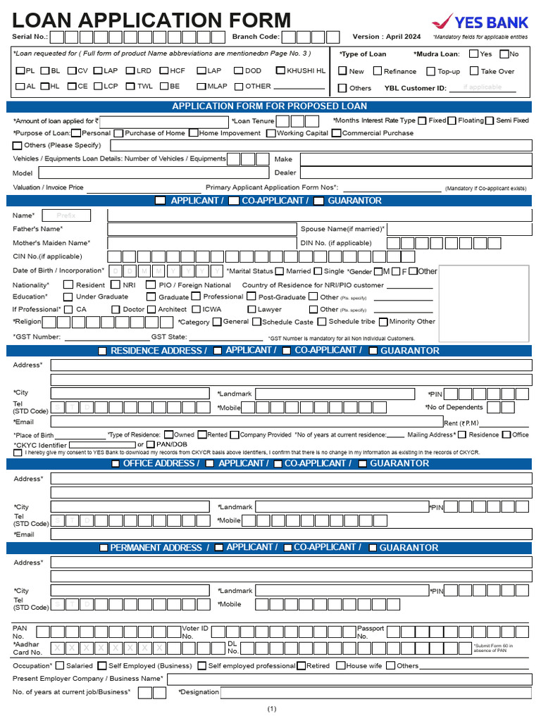 Yes Bank Loan Application Form | PDF | Banks | Loans