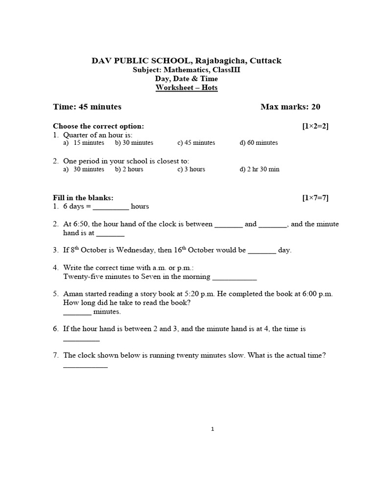Time Class 3 Worksheet 2 | PDF