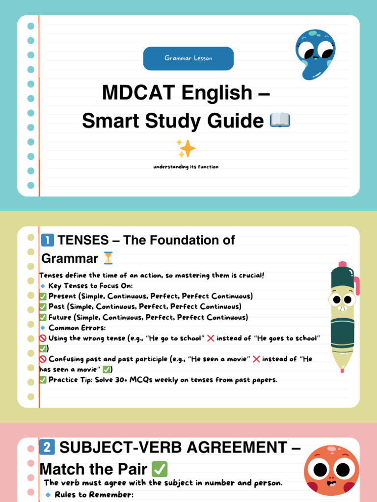 MDCAT English - Smart Study Guide ? | PDF | Verb | Grammatical Tense