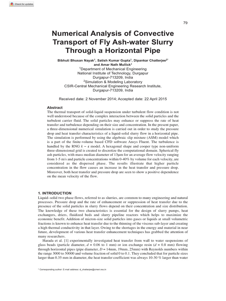 Nayak Et Al 2015 Numerical Analysis of Convective Transport of Fly Ash Water Slurry Through a ...