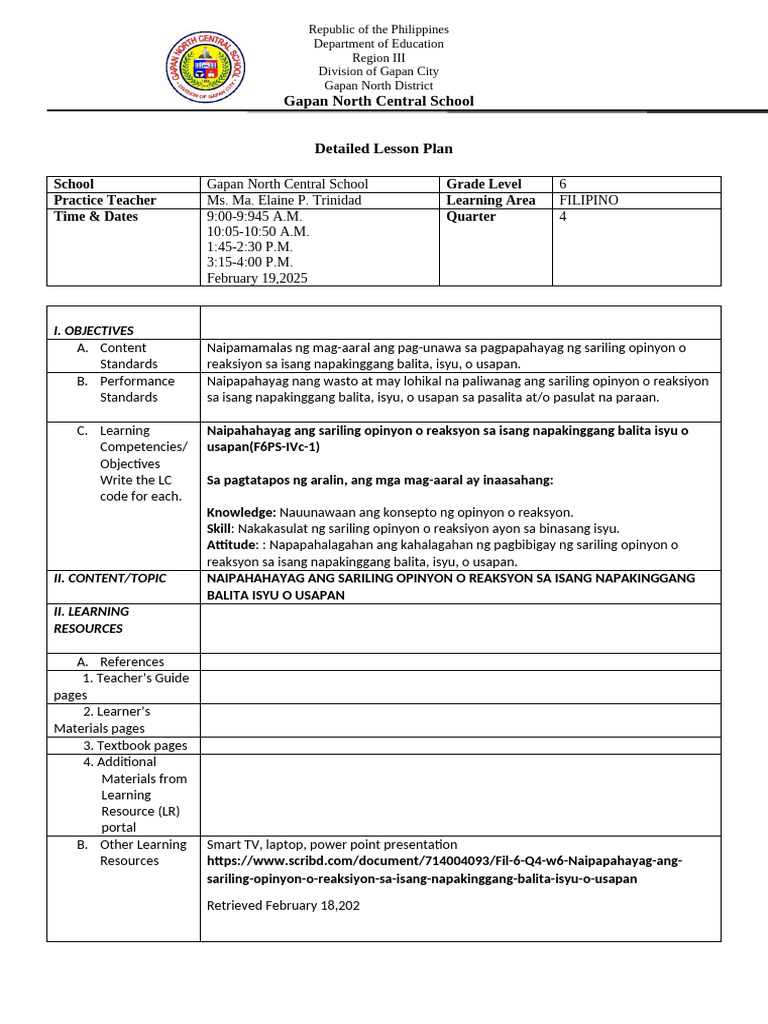 DLP - Modified - FILIPINO - Reaksiyon o Opinyon - REVISED | PDF