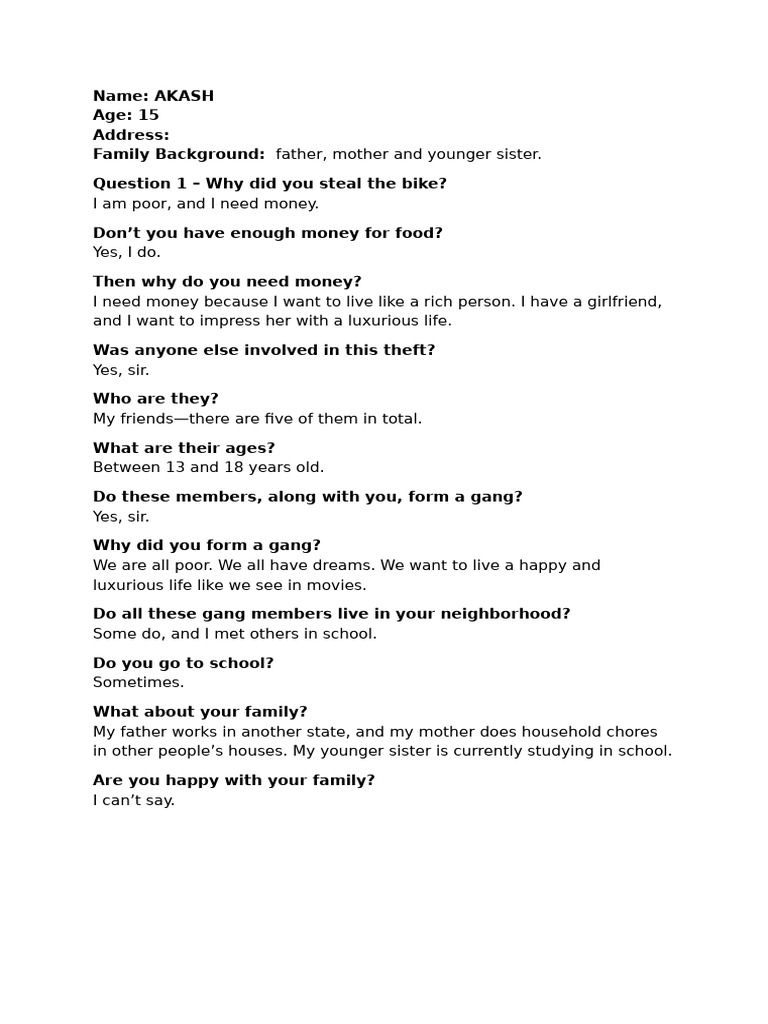 Teen's Confession: Bike Theft Motives | PDF