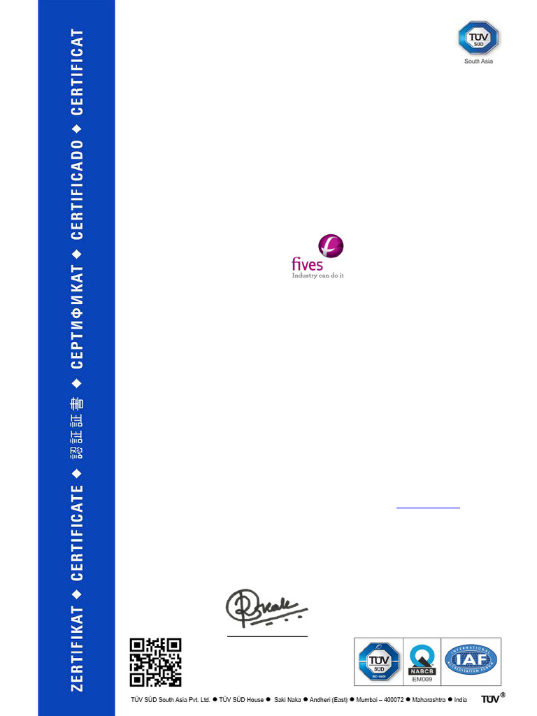 ISO-14001-2015 Renewal Certificate Fives Combustion Systems | PDF