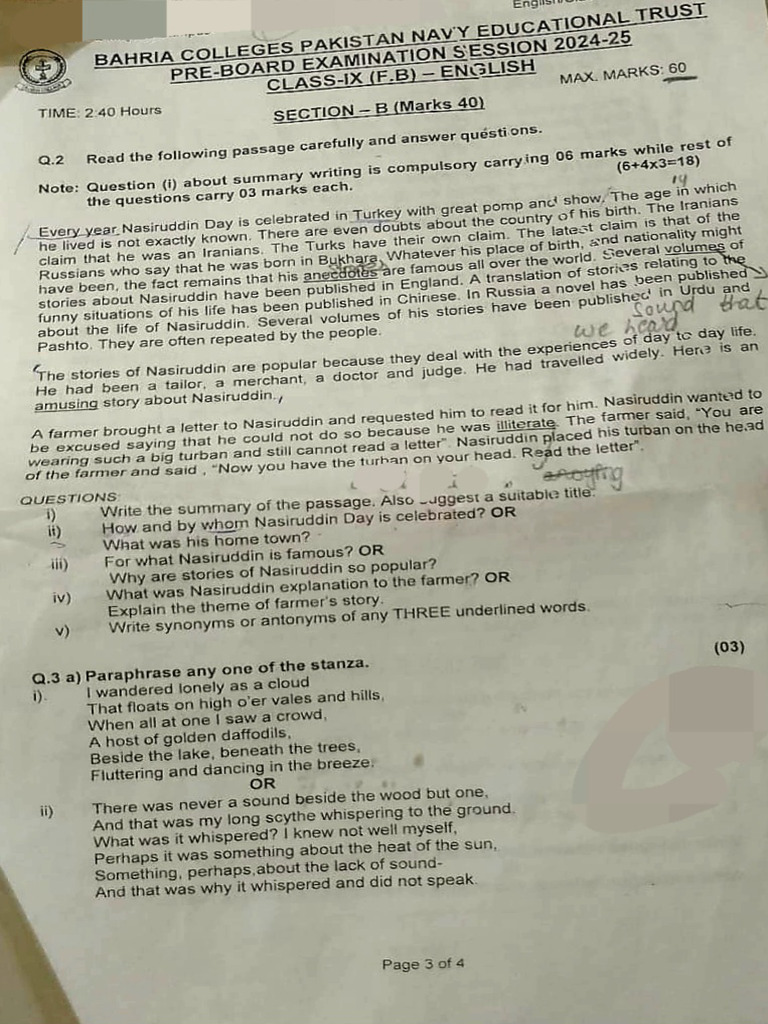 9th Class Preboard Paper Maths Chemistry English | PDF