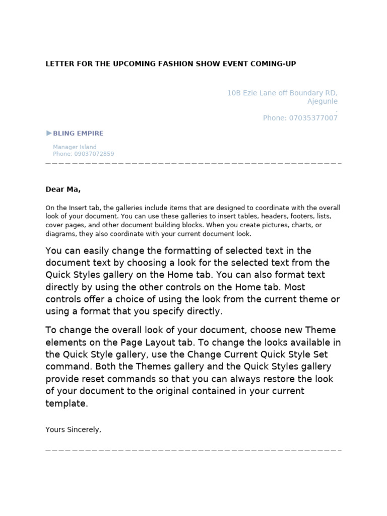 Letter For The Upcoming Fashion Show Event Coming | PDF