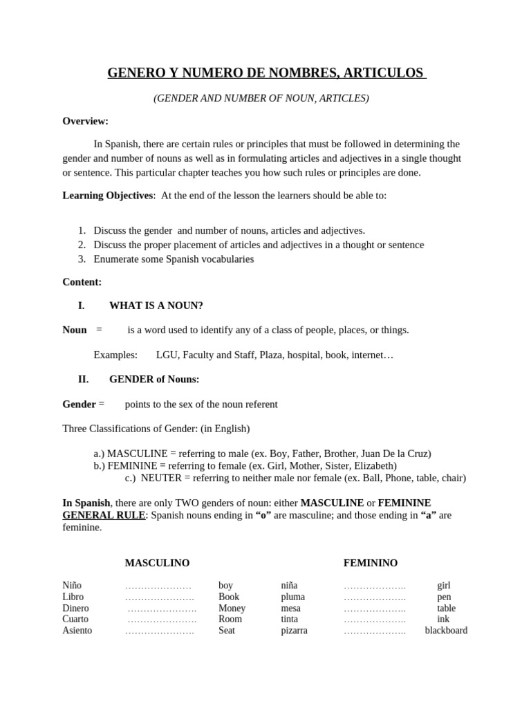 Spanish Nouns: Gender and Number Rules | PDF | Grammatical Gender | Noun