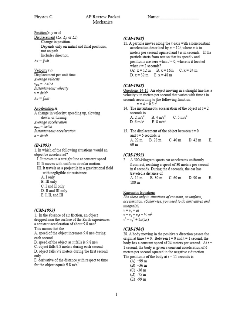 C Mechanics AP Review Revised | PDF | Force | Acceleration