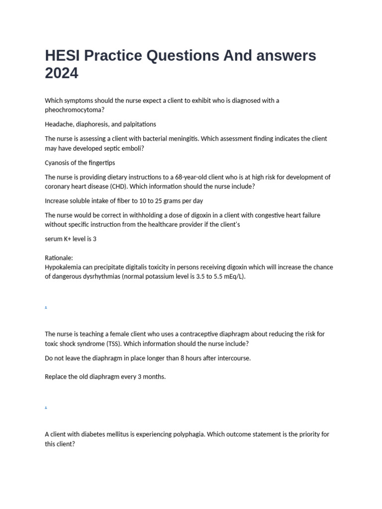 HESI Practice Questions and Answers 2024 | PDF | Hypertension | Diabetes