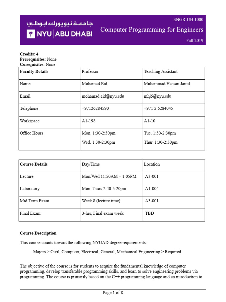 Syllabus ENGR-UH 1000 Je Ir Ryu | PDF | Computing | Computer Programming