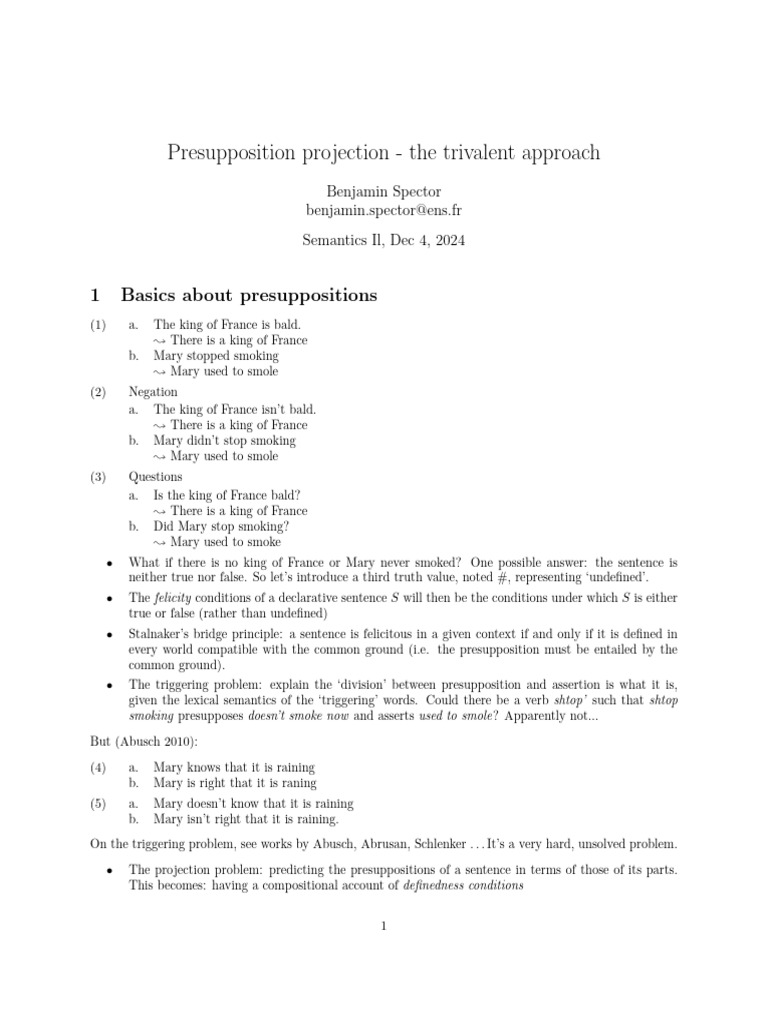 Presupposition Trivalence Fall 2024 Semantics 2 | PDF | Logic | Interpretation (Philosophy)