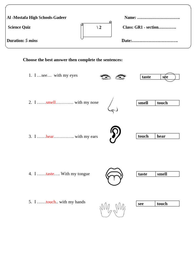 ZQrNJeQJjrW-senses Quiz Key Answer - Attach | PDF