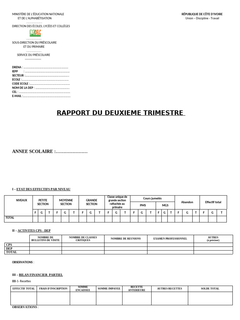 Rapport Trimestriel Écoles Primaire Côte d'Ivoire | PDF