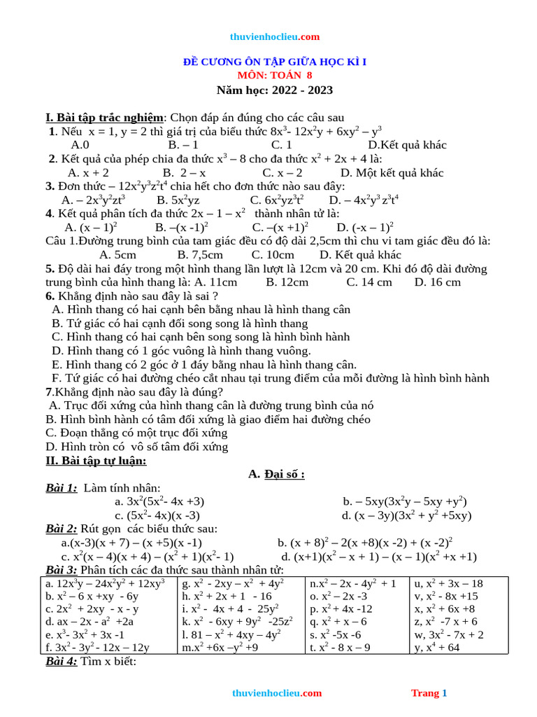 De Cuong On Tap Toan 8 Giua HK1 Nam 2022 2023 | PDF