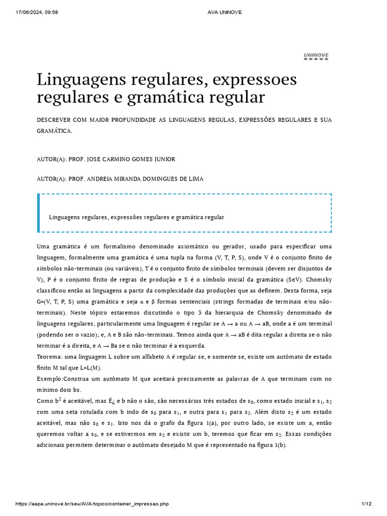 Linguagens Regulares Expressoes Regulares Gramática Regular AVA | PDF ...