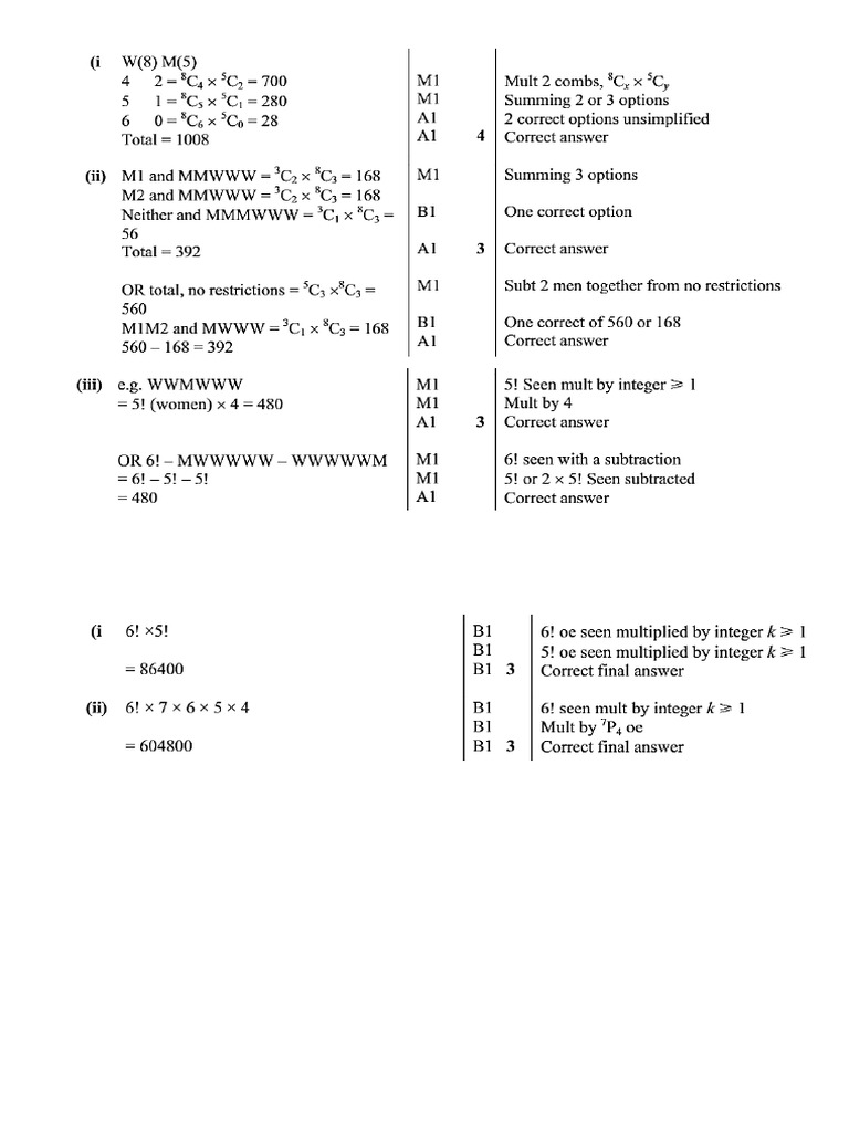 Permutations & Combinations Work Sheet Mark Scheme | PDF