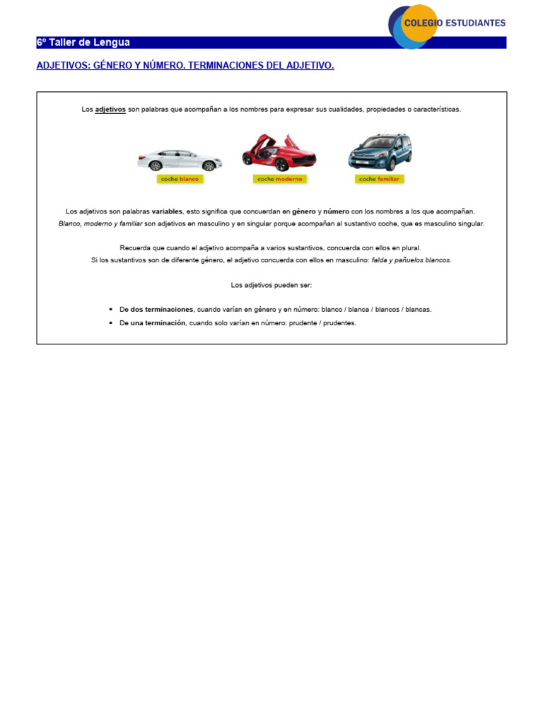 Adjetivos género y número. Terminaciones del adjetivo | PDF