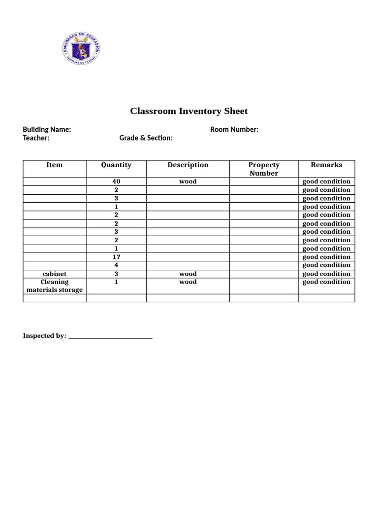 Template - Classroom Inventory Sheet | PDF