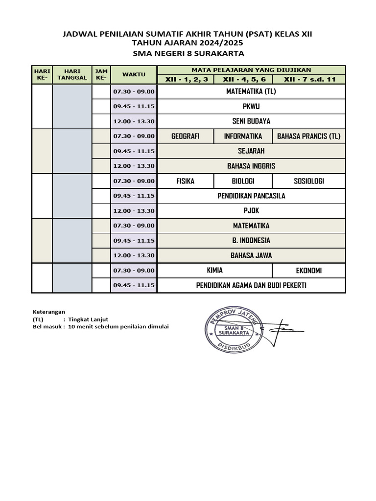 Jadwal Psat Kelas Xii T.A. 2024-2025 | PDF