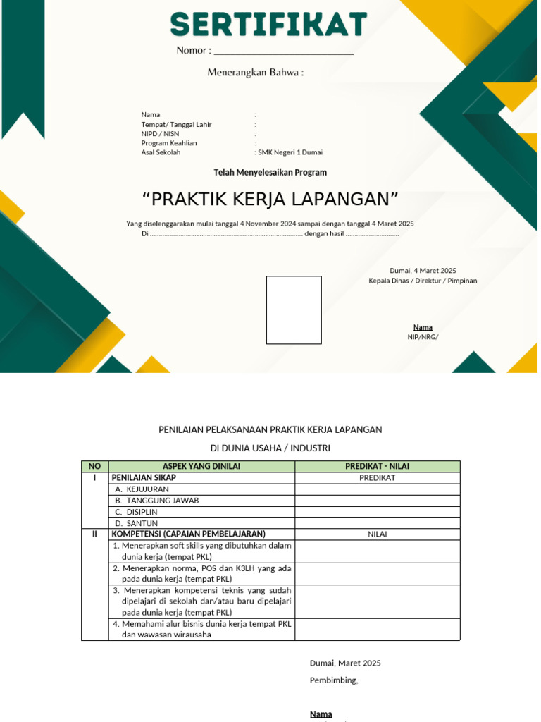 Sertifikat PKL 2024 2025 1 | PDF