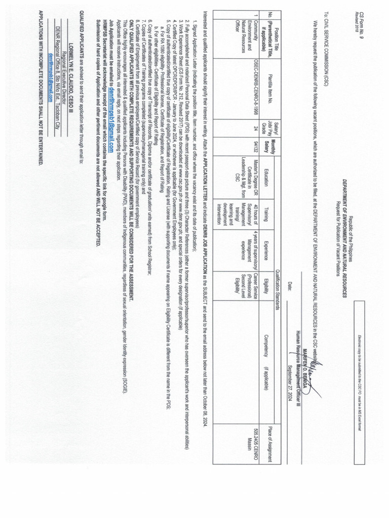 Denr8 Cs Form No. 9 Request For Publication of Vacant Positions As of ...