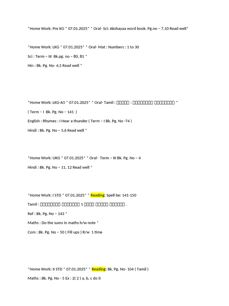 Pre KG to VIII STD Homework Assignments | PDF