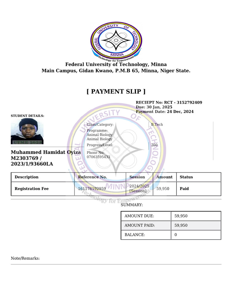Niger State Payment Slip for Students | PDF