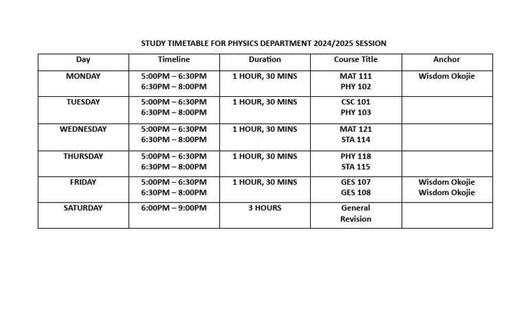 Study Timetable For Physics Department 2024 | PDF
