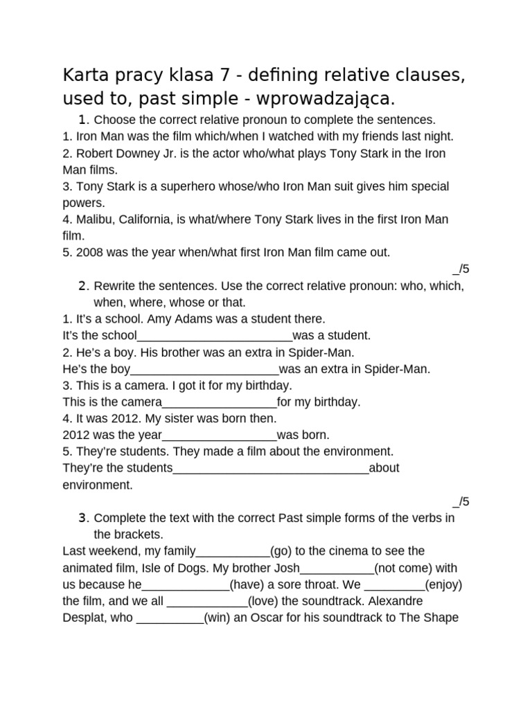 Klasa 7 - Defining Relative Clauses, Used To, Past Simple ...