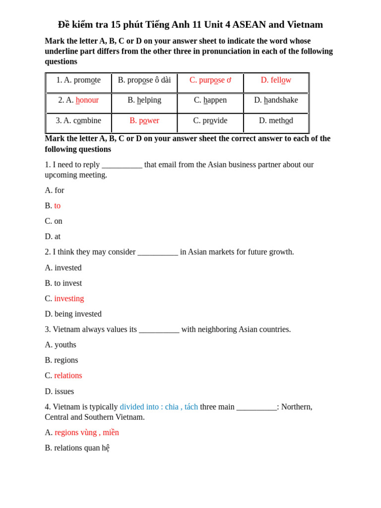 Đề kiểm tra 15 phút Tiếng Anh 11 Unit 4 ASEAN and Vietnam | PDF