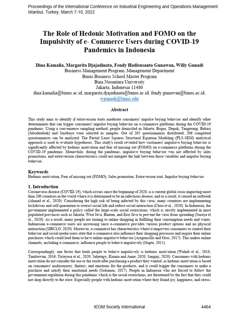The Role of Hedonic Motivation and FOMO | PDF | Extraversion And Introversion | Behavior