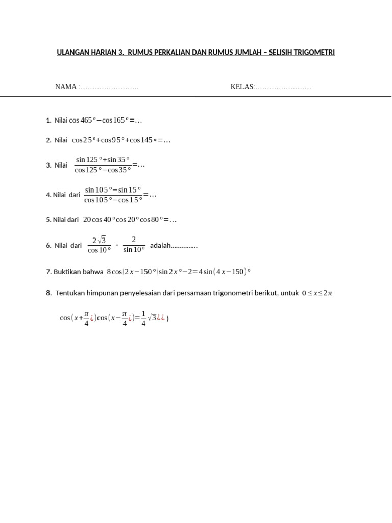 Uh 3. Rumus Perkalian Dan Jumlah Kls 11 Ipa | PDF