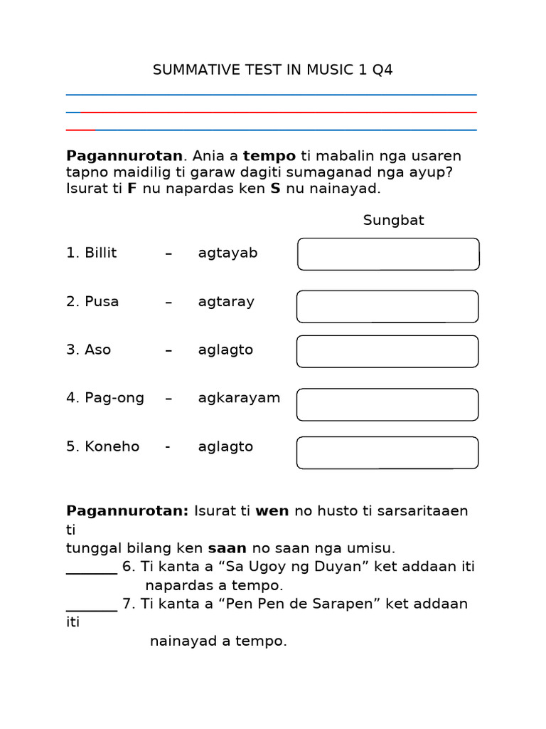 Summative Test in Music 1 Q4 | PDF