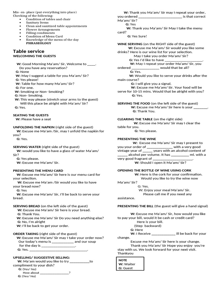 FNB Table Service Phraseology | PDF | Tableware | Alcoholic Beverages