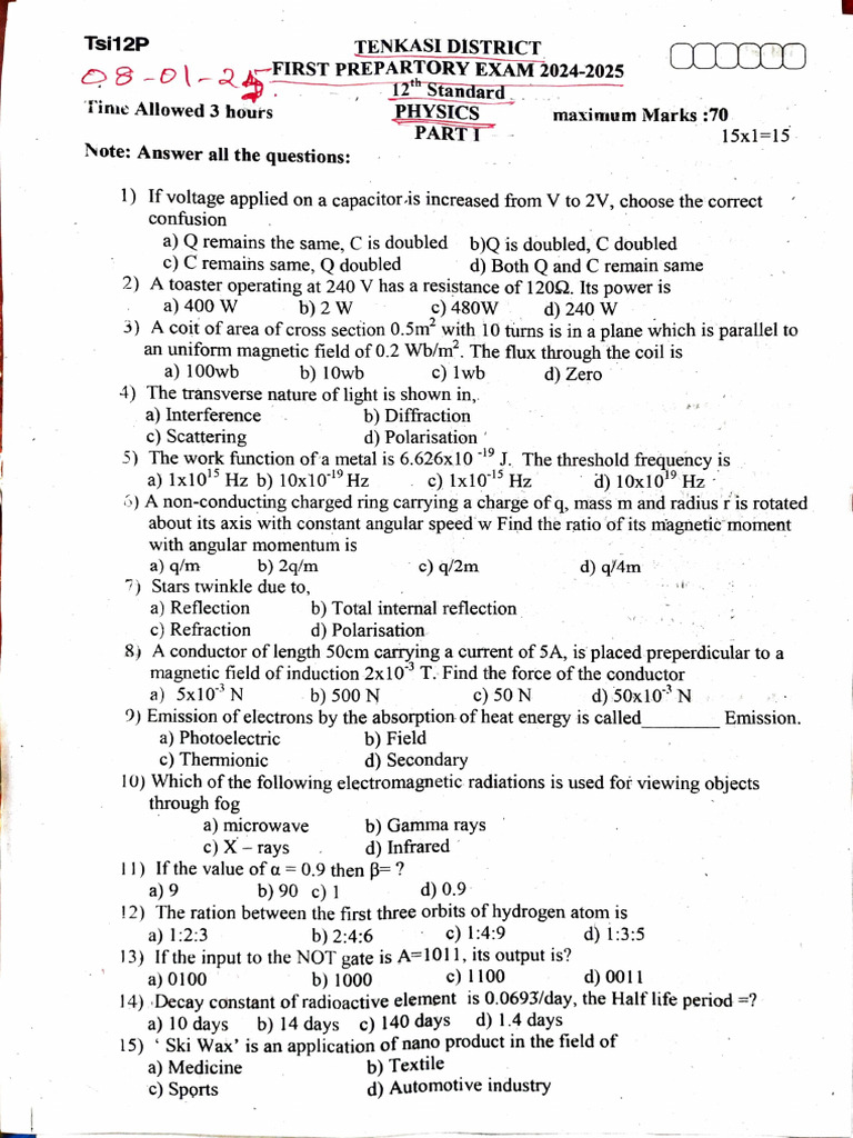 12th Physics 1st Revision Exam 2025 Original Question Paper Tenkasi District English Medium PDF ...