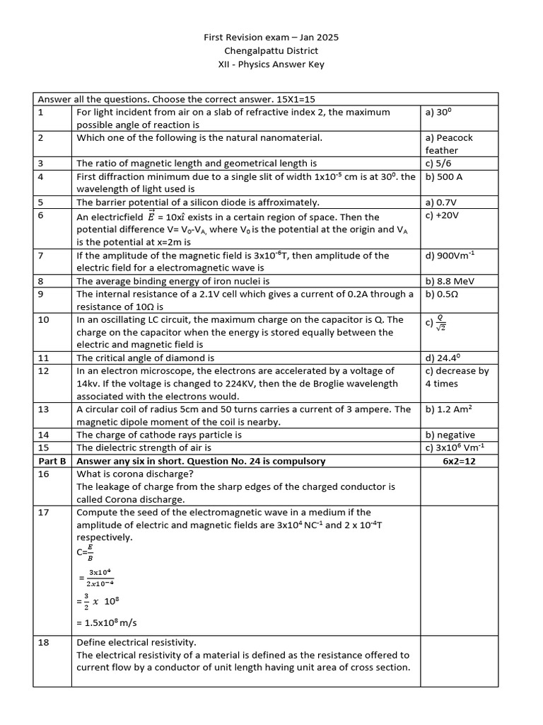 12th Physics 1st Revision Exam 2025 Answer Key Chengalpattu District ...