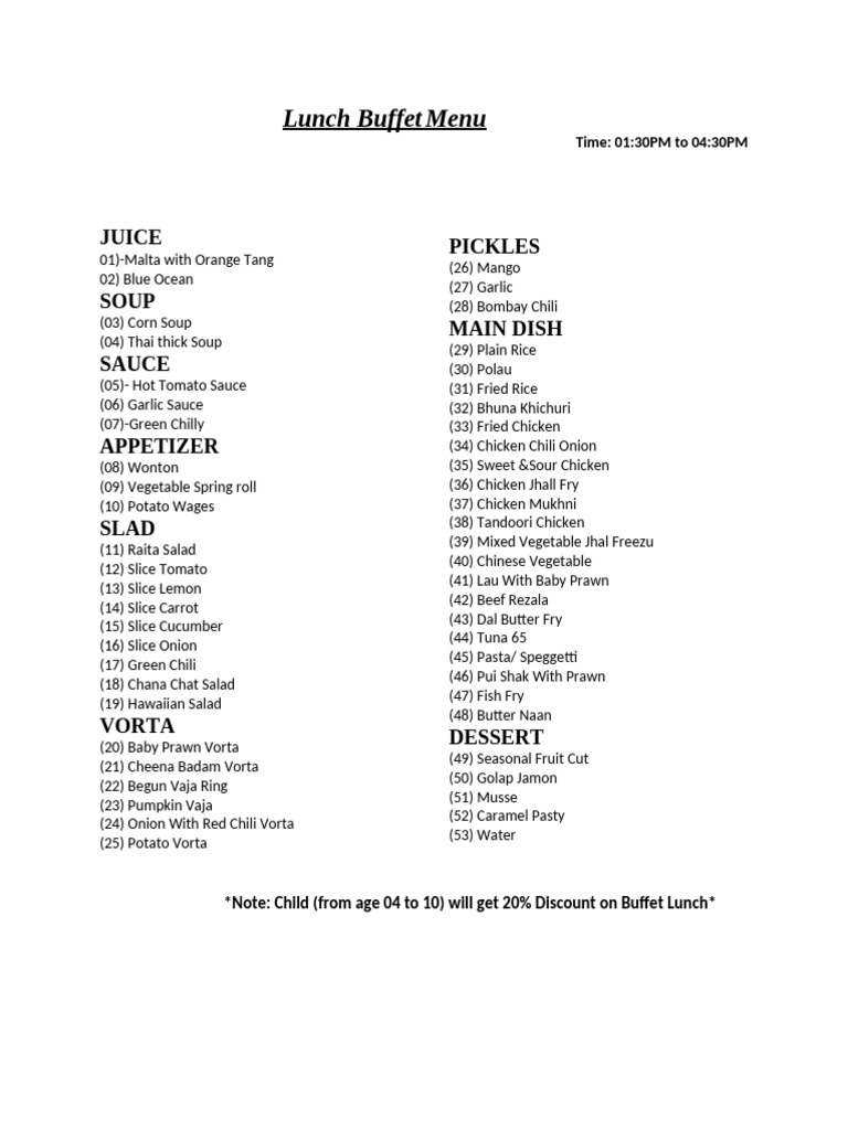 BUFFET MENU | PDF | Food And Drink Preparation | Cuisine