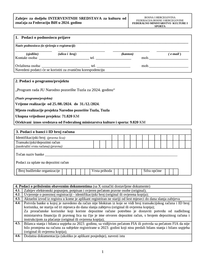 Prijavni-Obrazac - Interventna - KULTURA Ispunjen | PDF